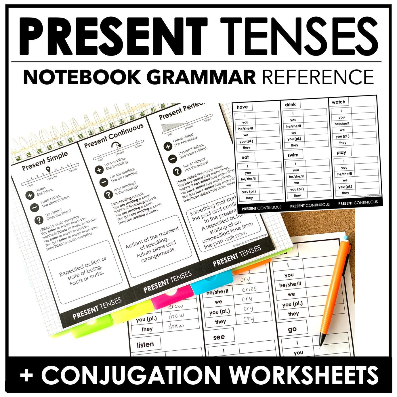 Present Tense Verb Conjugation Worksheets + Reference Sheets