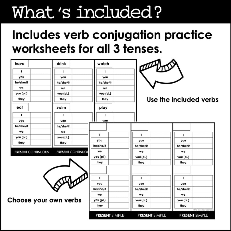 Present Tense Verb Conjugation Worksheets + Reference Sheets