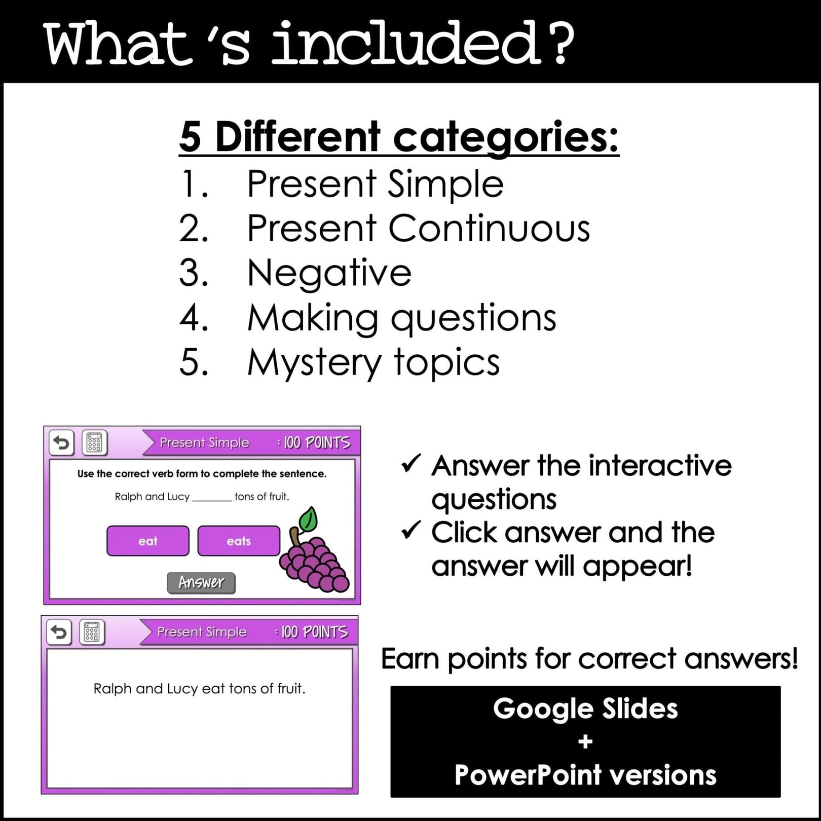 Verb Review Game Show - Interactive PPT + Google Slides