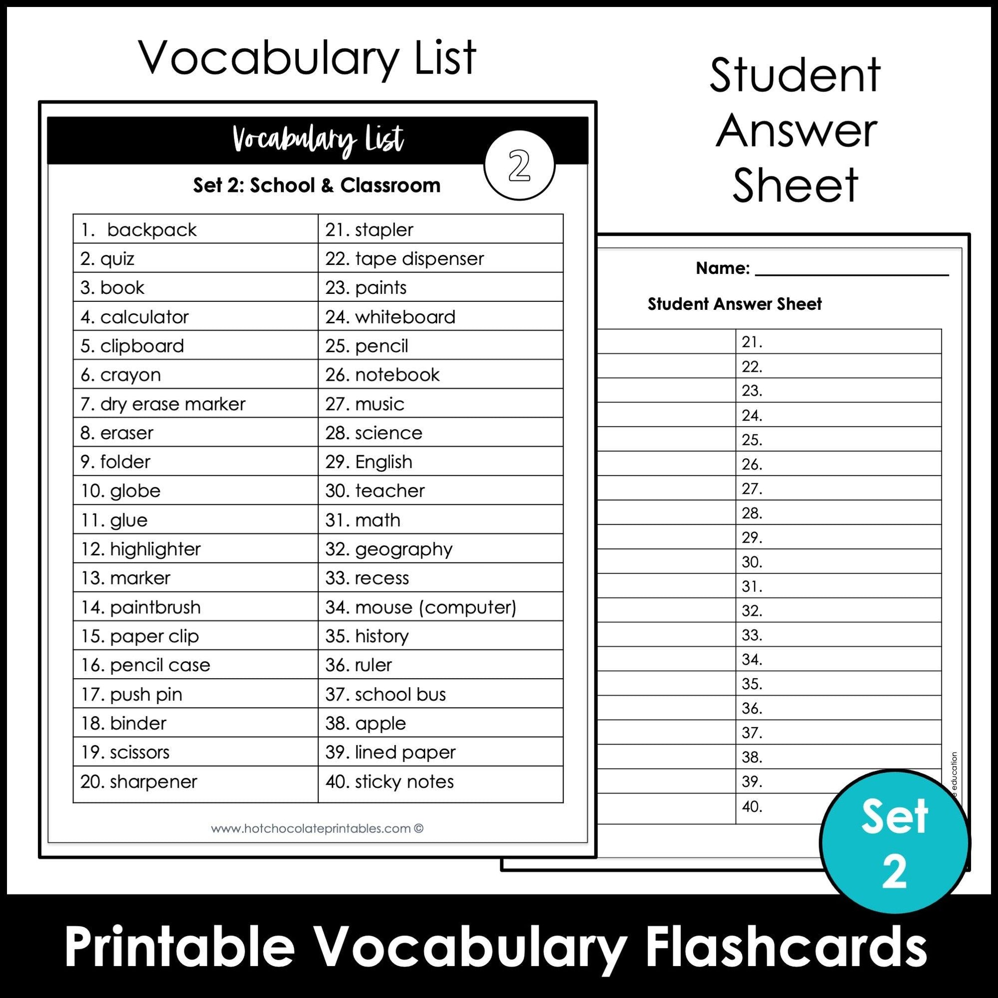 School Supplies & Classroom Vocabulary ESL Flashcards – Hot Chocolate ...