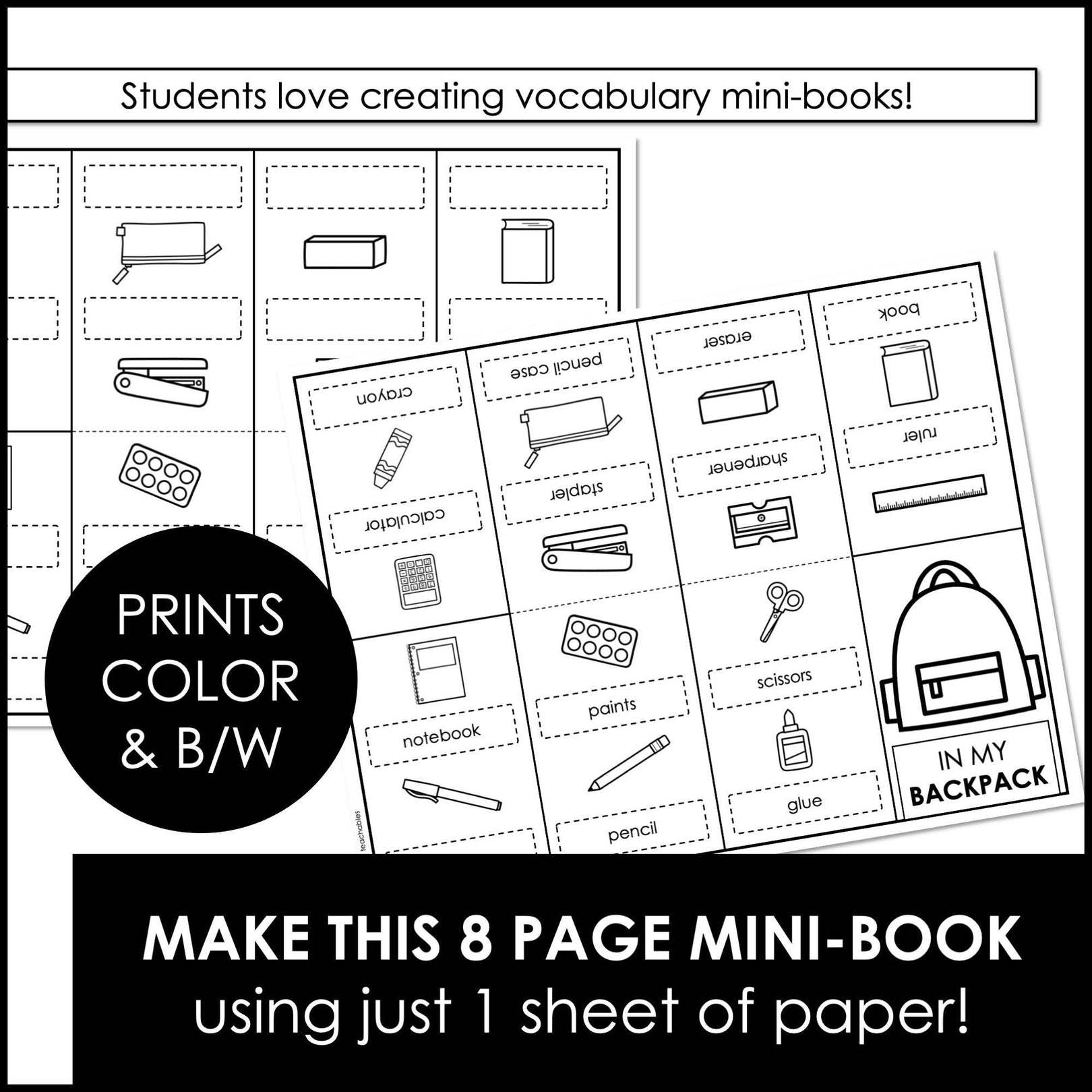 School Supplies Mini-Book | Vocabulary Picture Dictionary