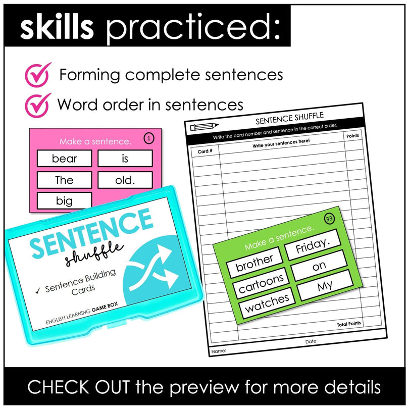 Sentence Building Activity Cards - Present Simple Game