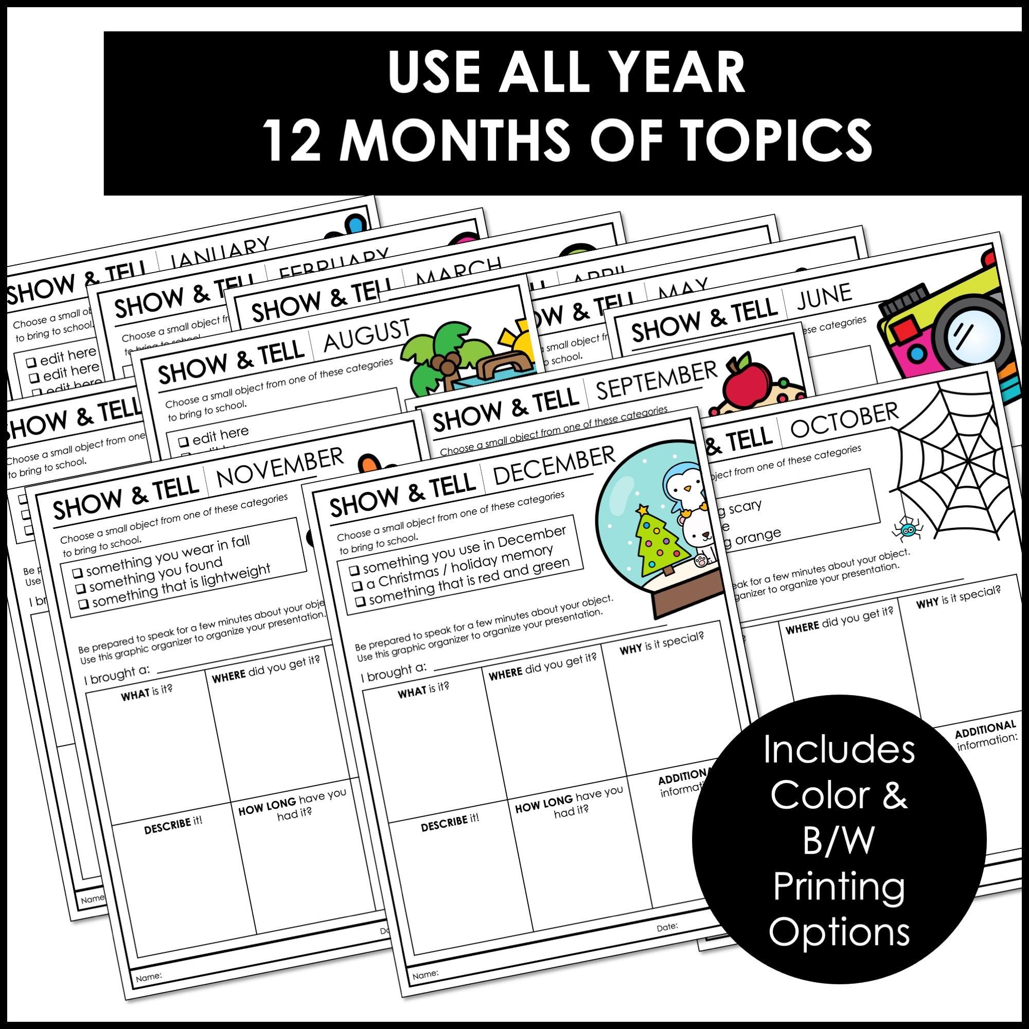 Show and Tell - Year Long Done For You Topic Prompts