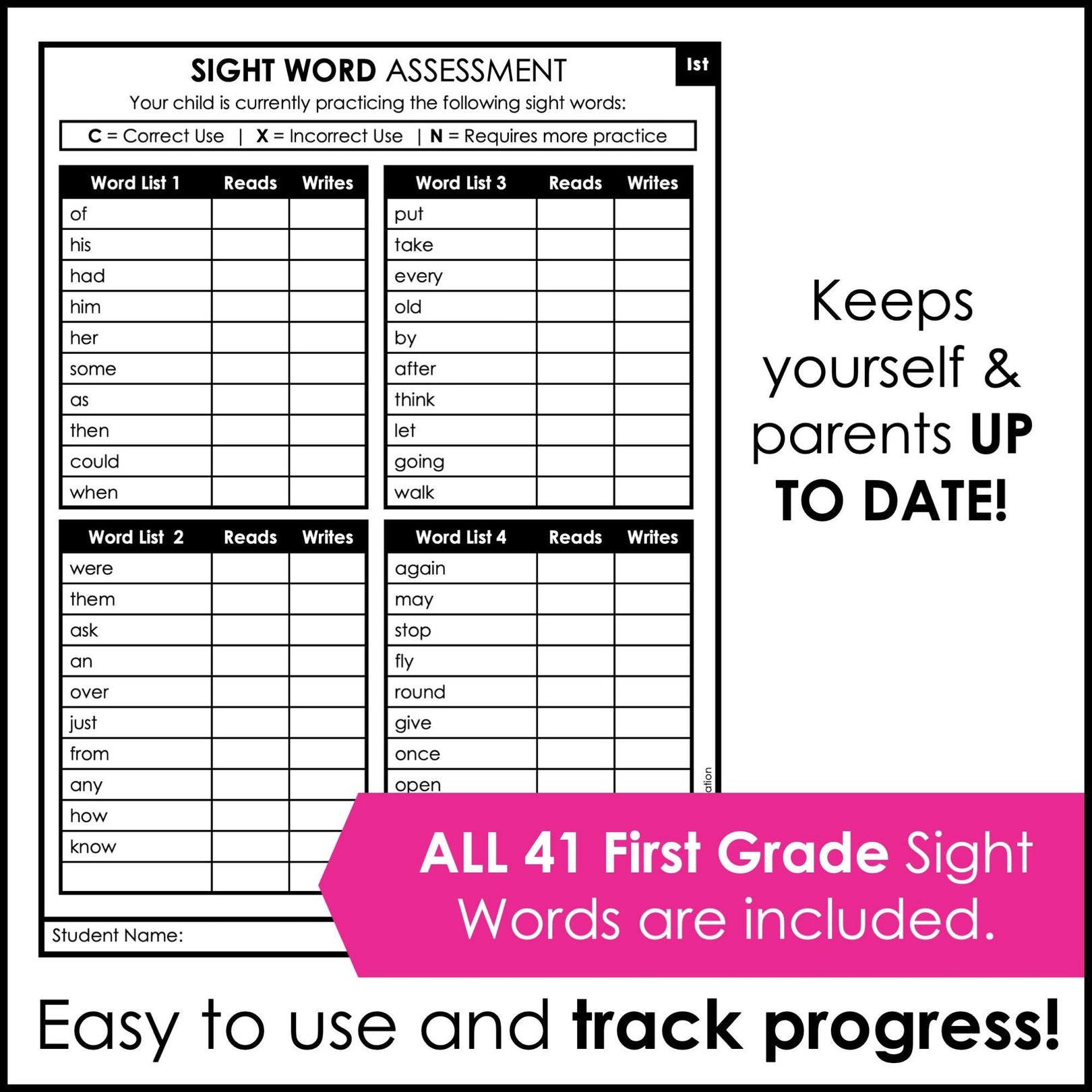 First Grade Sight Word Progress Reports | Monitor & Evaluate