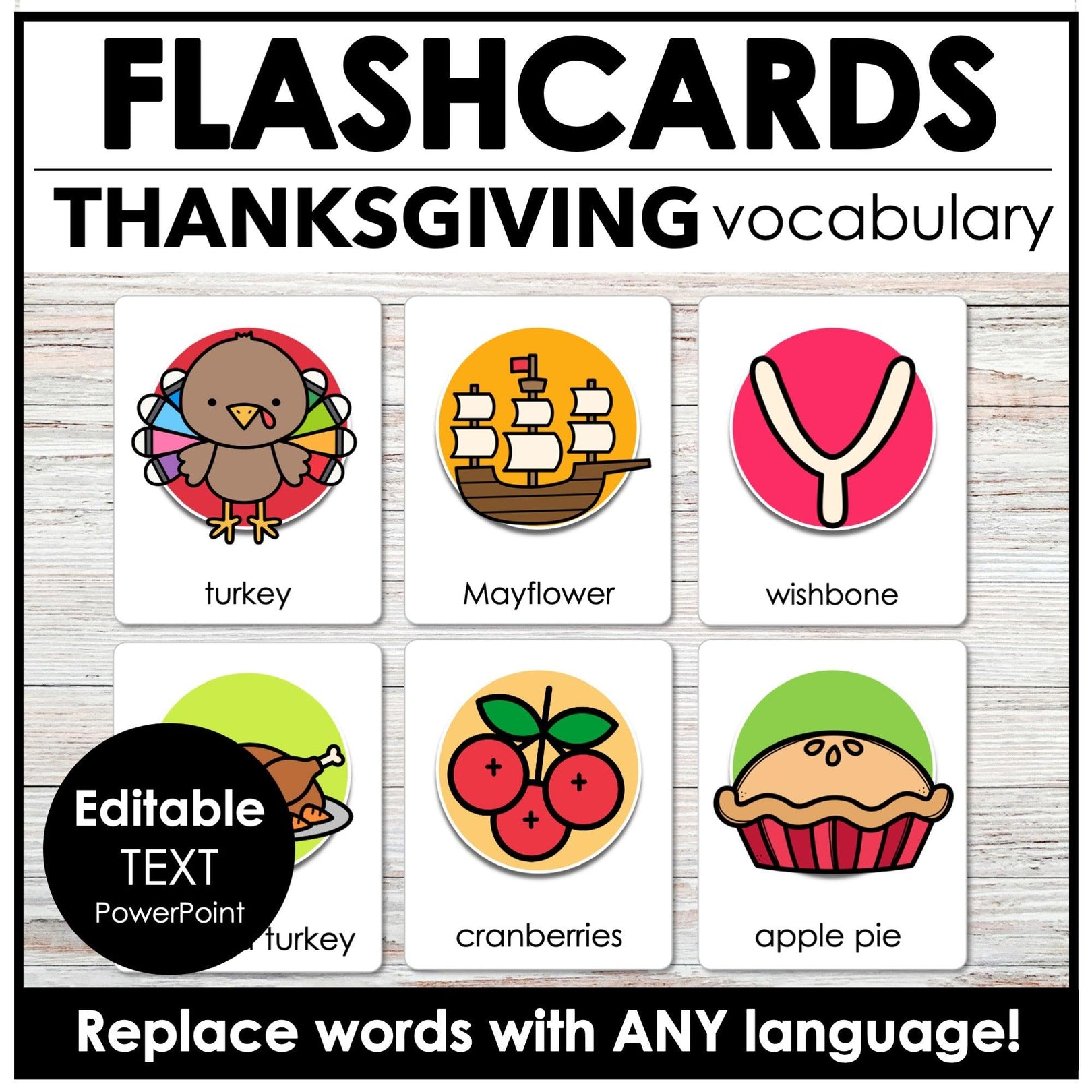 THANKSGIVING Flashcards ESL Vocabulary for Kids - Editable