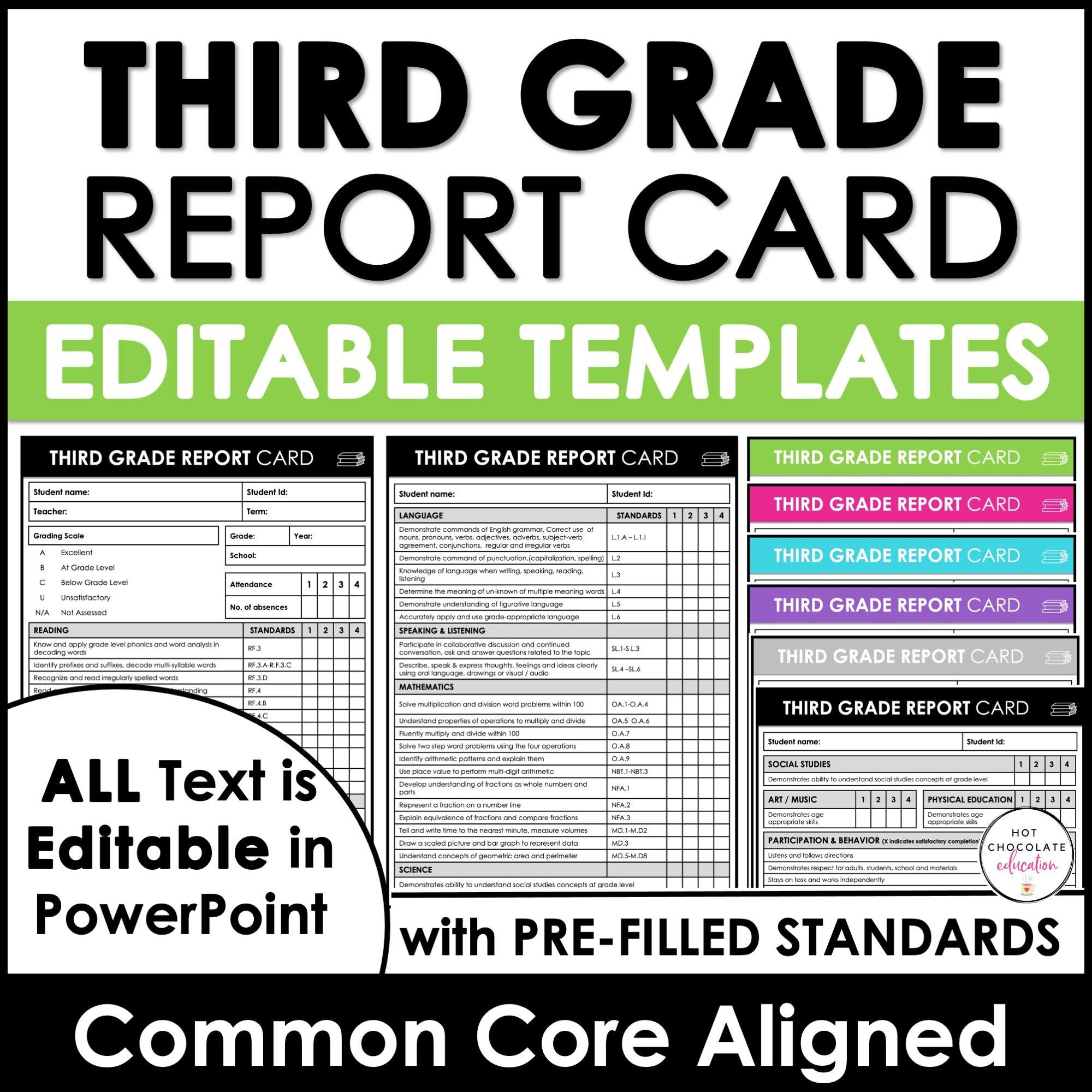 Third Grade Editable Report Cards - Standards Aligned