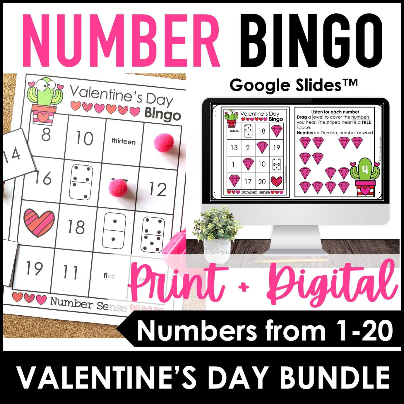 Valentine's Day Number Fluency 1-20 Bingo Game Bundle