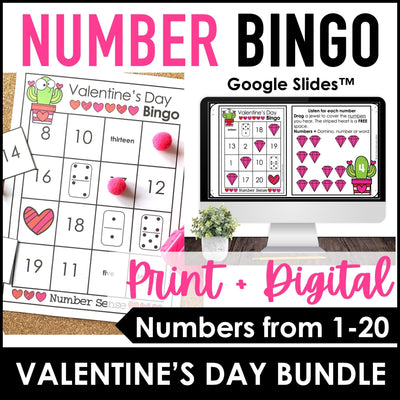 Valentine's Day Number Fluency 1-20 Bingo Game Bundle