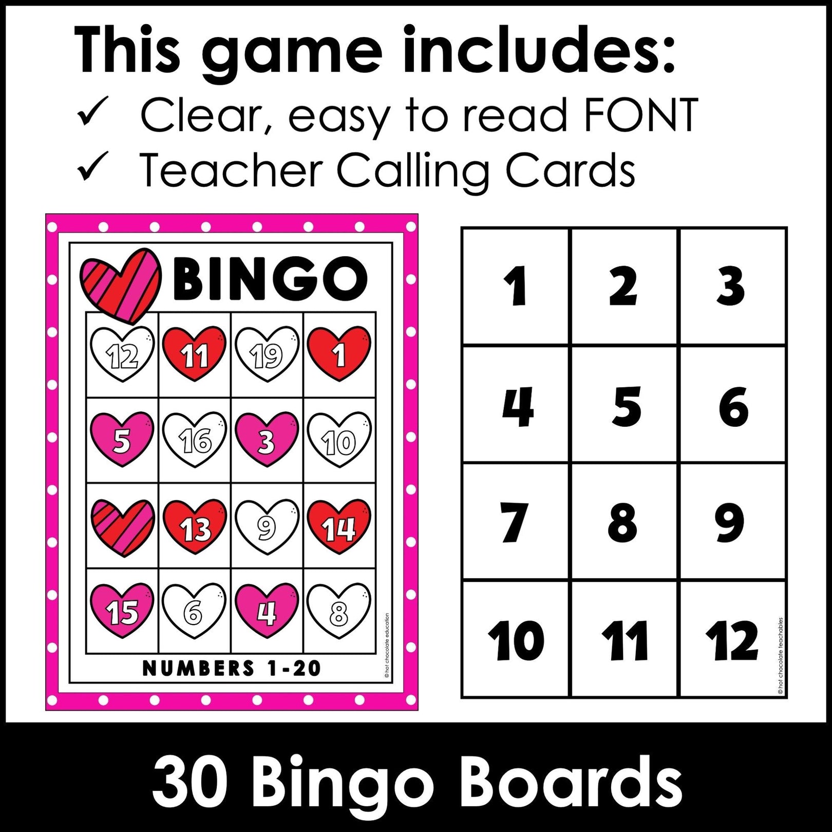 Valentine's Day Number Recognition 1-20 Bingo Game