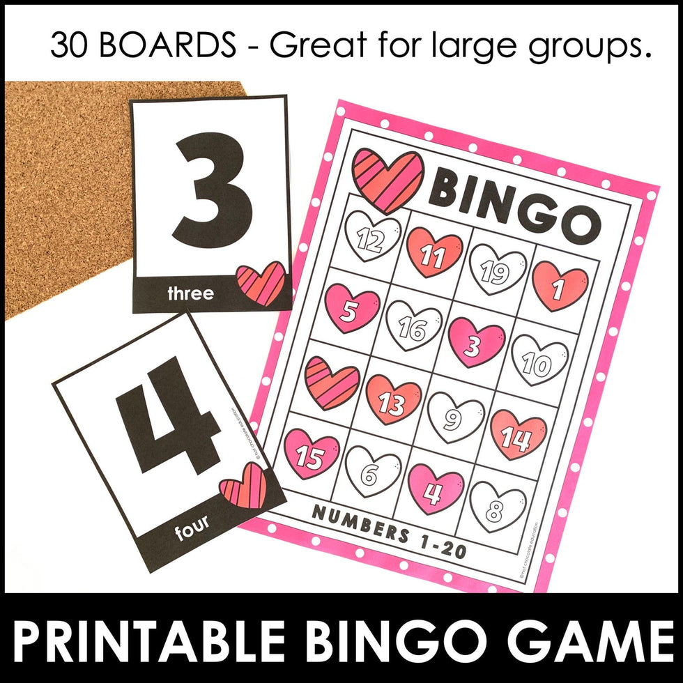 Valentine's Day Number Recognition 1-20 Bingo Game