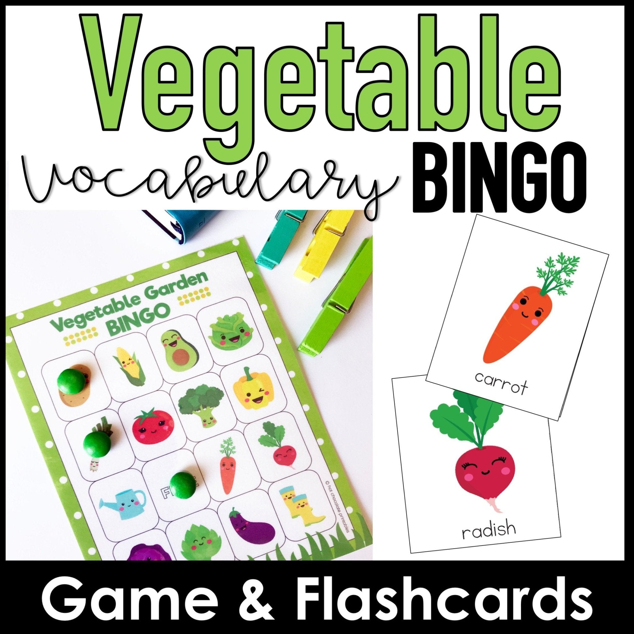 Vegetable Garden Vocabulary Bingo Game + Flashcards – Hot Chocolate ...