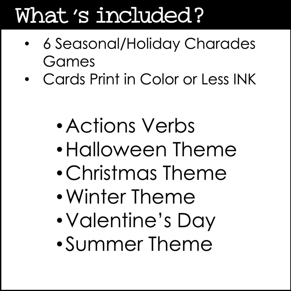 Verb Charades for Kids | Holiday & Seasonal Game Cards