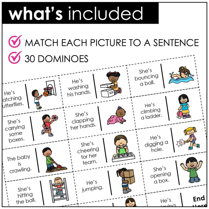 Action Verbs Dominoes Game: Present Continuous & Progressive