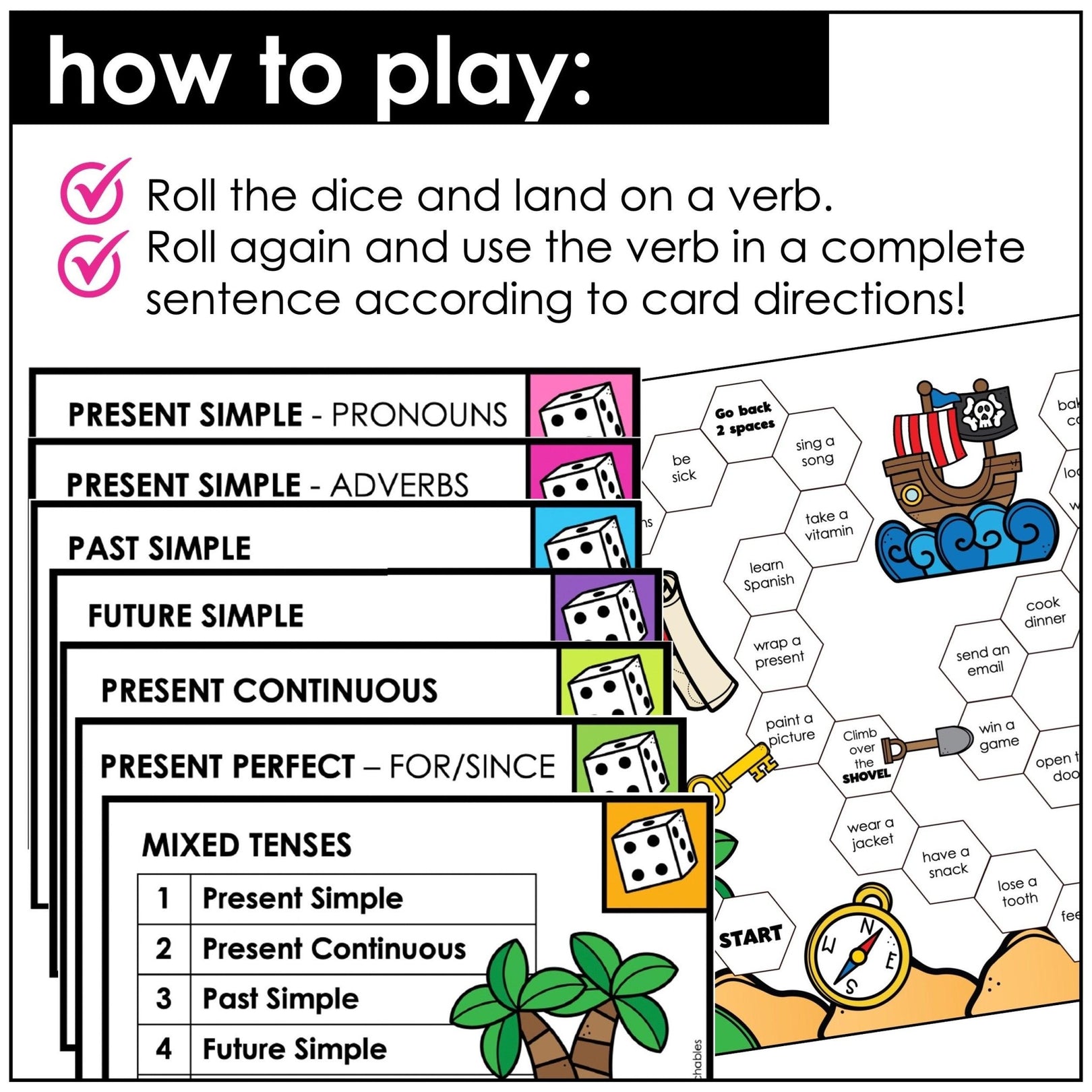 Verb Tense Board Game | Change verbs: Present, Past, Future,