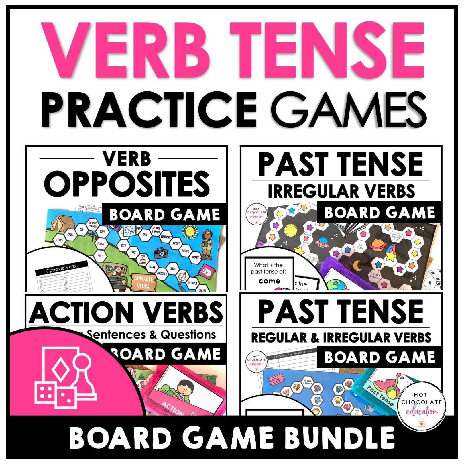 Verb Tense Board Games BUNDLE: Action Verbs & More