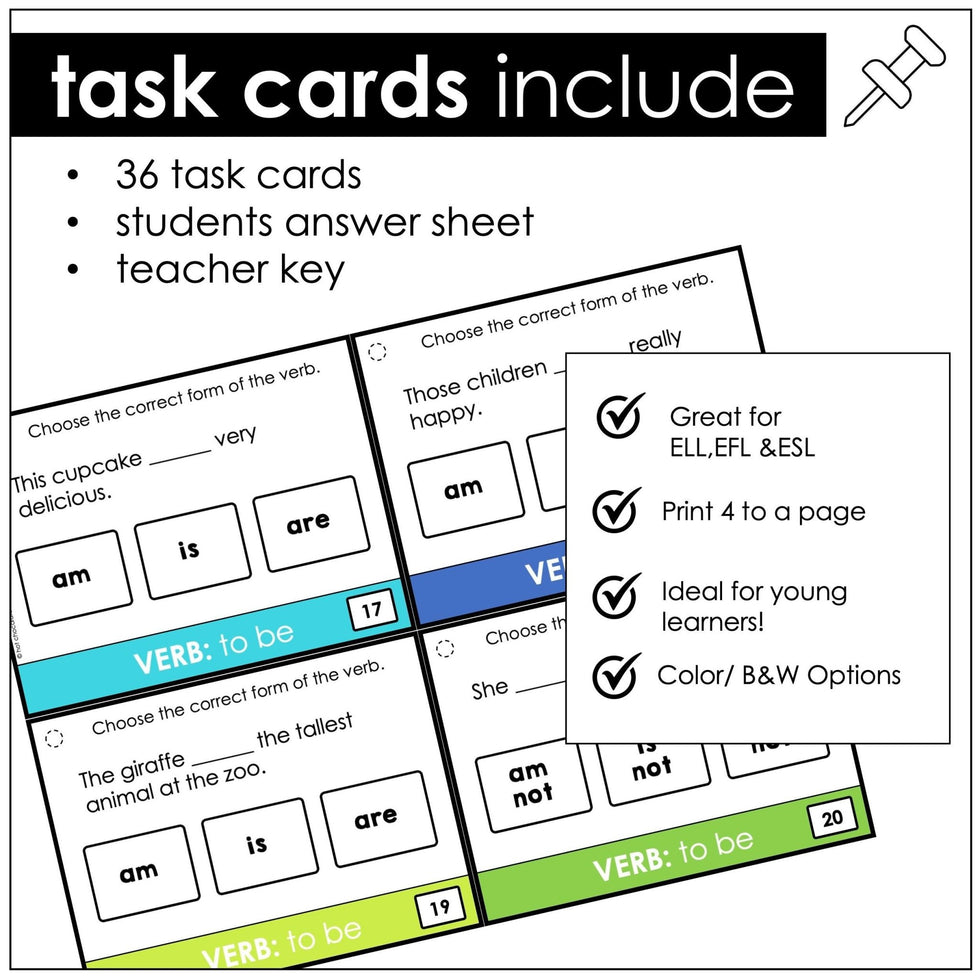 Present Simple Verb Agreement Task Cards for AM, IS, ARE