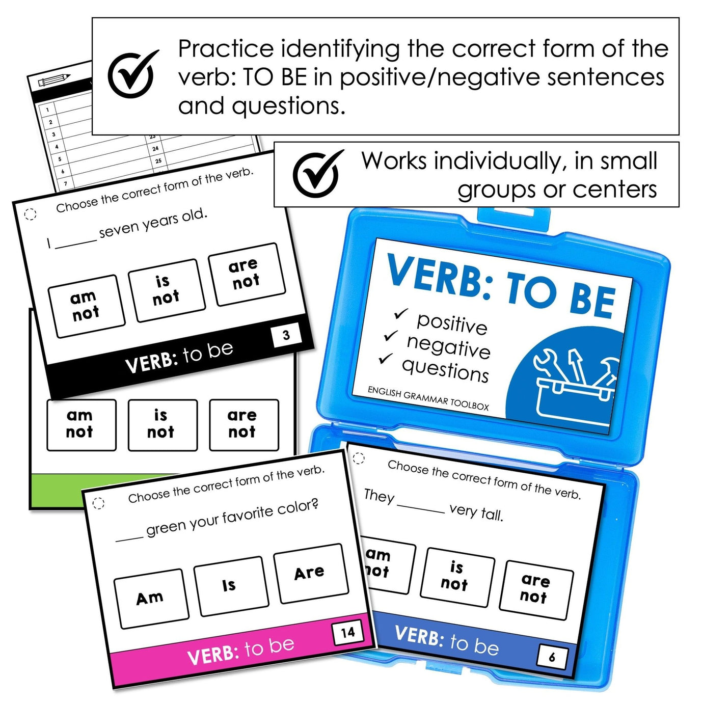 Present Simple Verb Agreement Task Cards for AM, IS, ARE