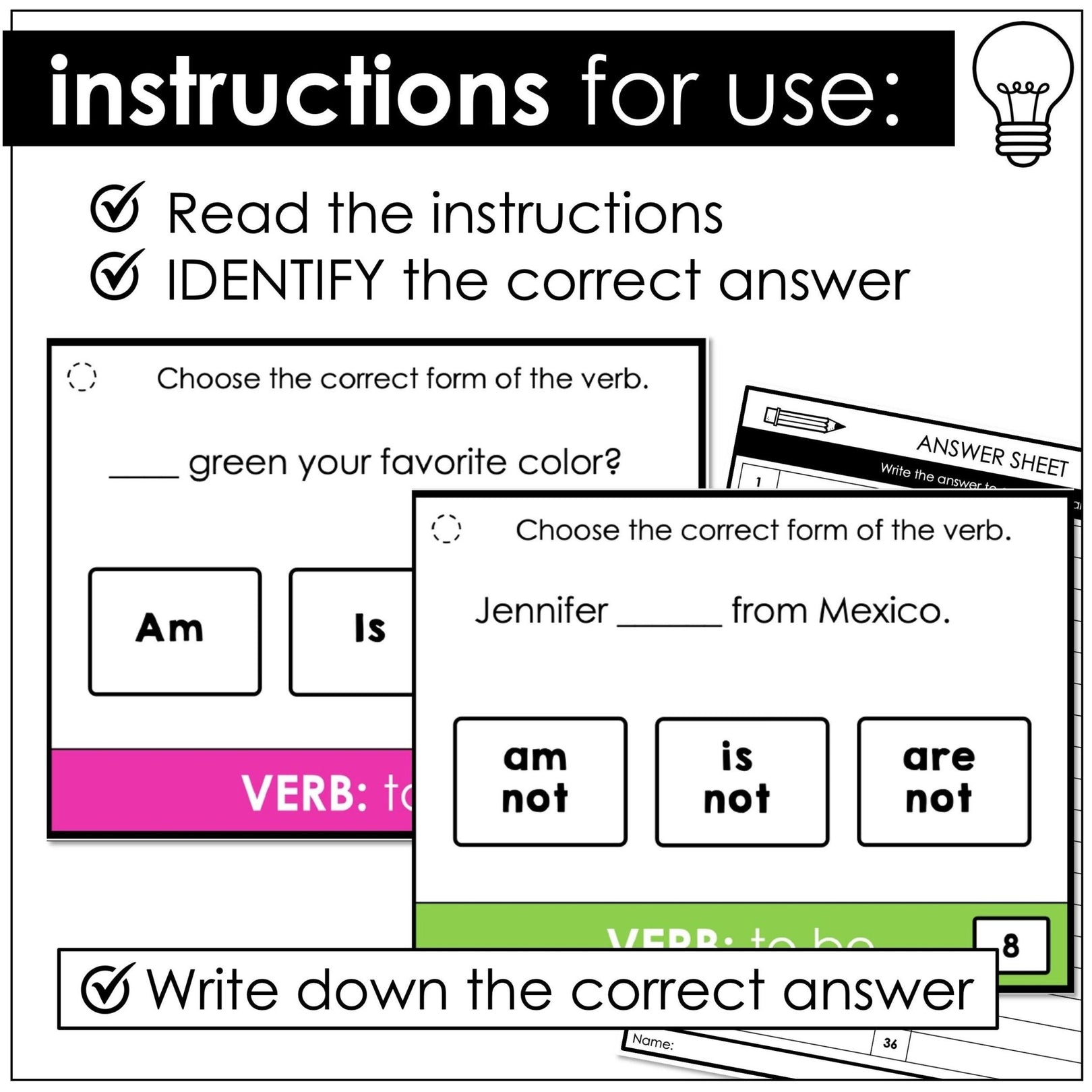 Present Simple Verb Agreement Task Cards for AM, IS, ARE