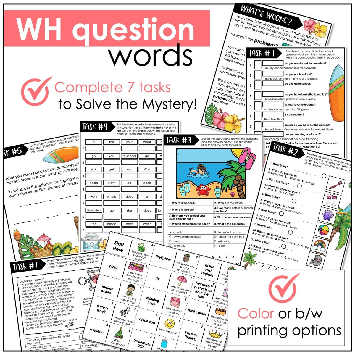 WH Question Comprehension Escape Activity for ESL learners