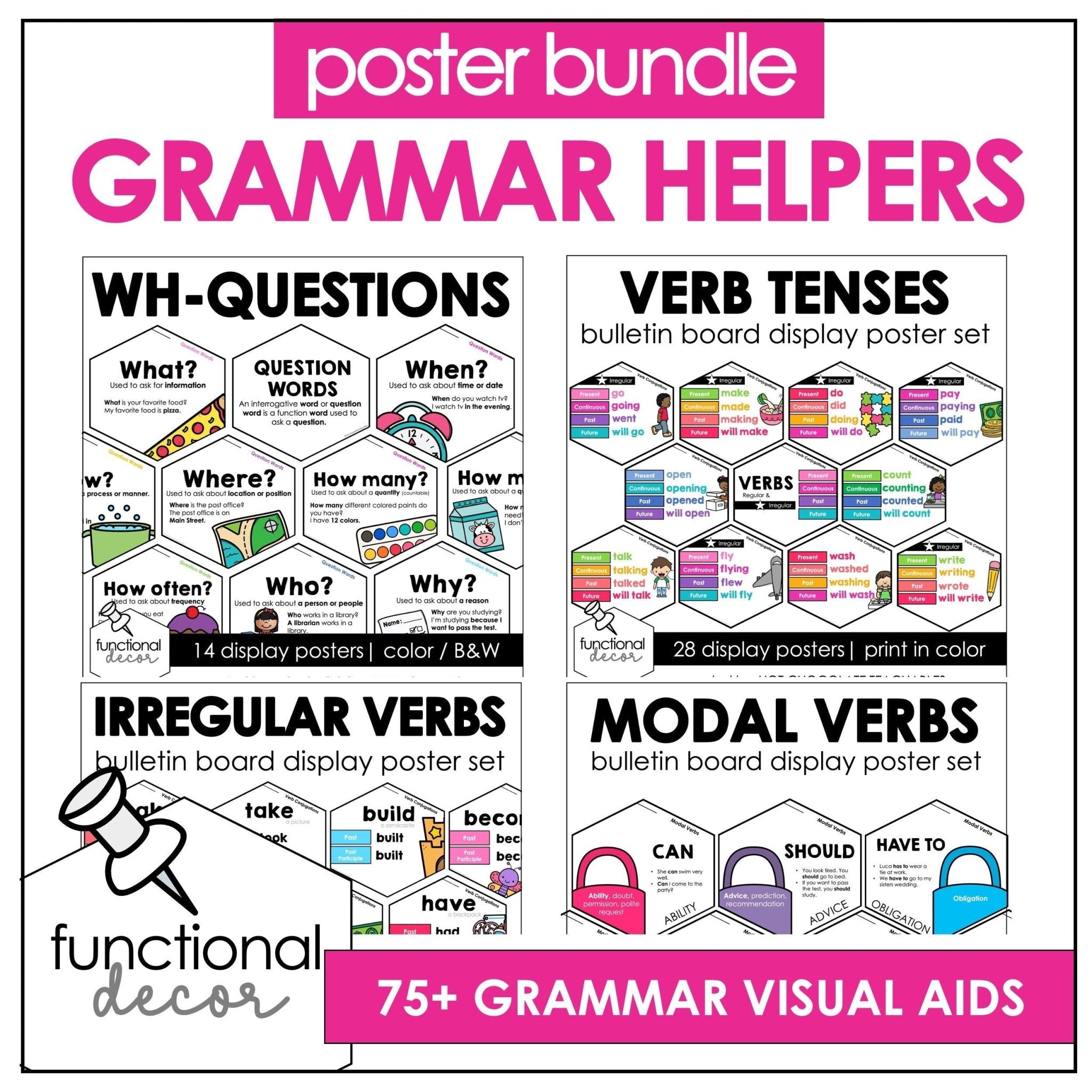 WH Questions & Verb Tense Posters: ESL Grammar Set
