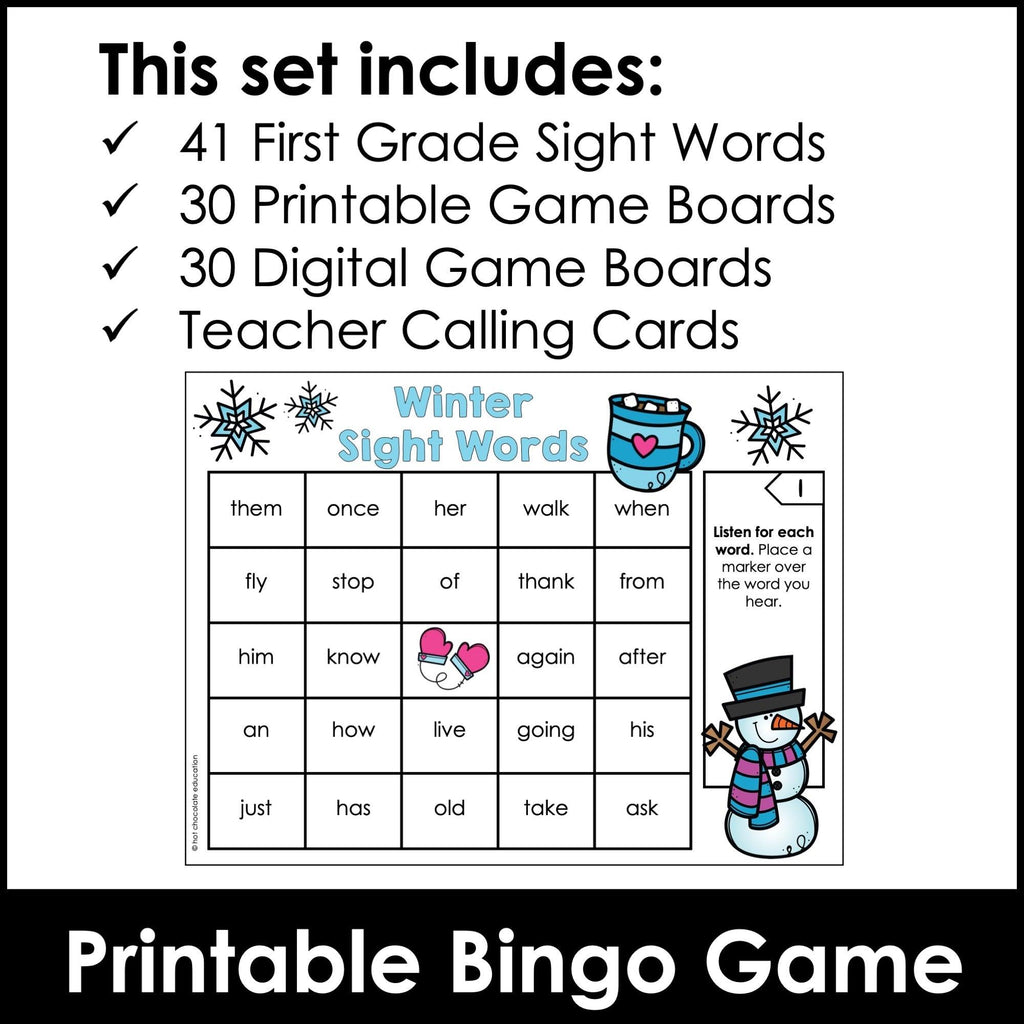 Winter 1st Grade Sight Words Bingo - Print & Digital – Hot Chocolate ...